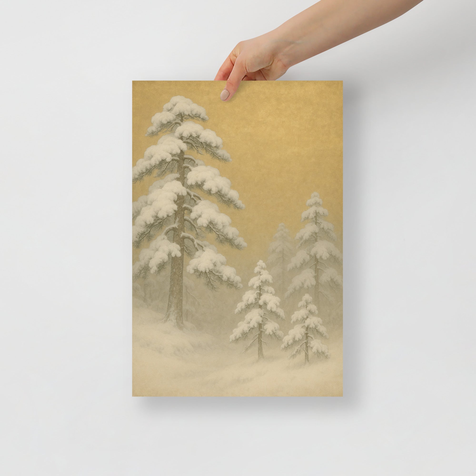 Winter Pines Nihonga Scroll – Serene Japanese Snow Scene – Sorakami
